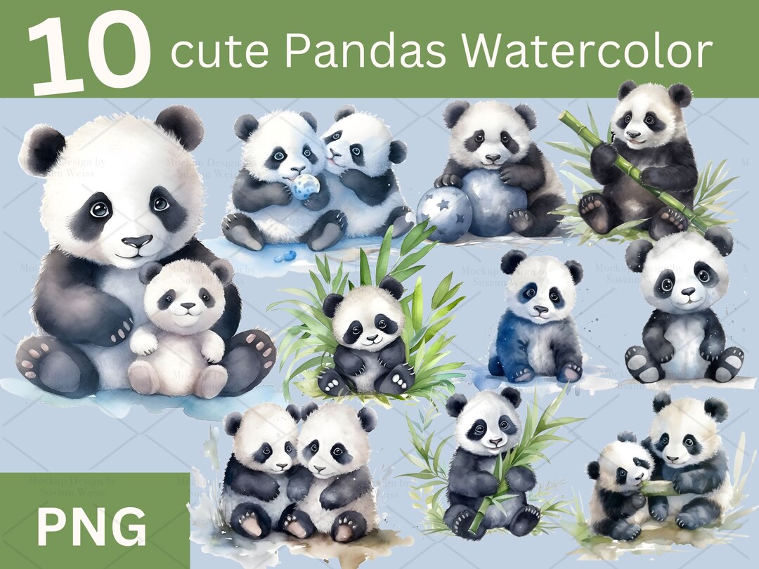 Digital Set of 10 Cute Baby Panda PNG, Watercolor Baby Panda, Cute ...