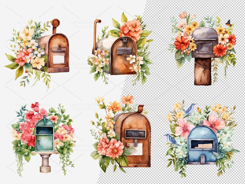 24 Watercolor Vintage Flower Mail Box SVG, Mailbox, PNG, Clipart Vector ...