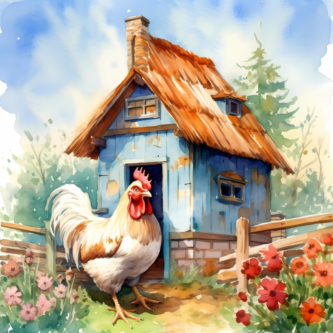 Hen House Chicken Coop Clipart Bundle 10 High Quality Watercolor Jpgs ...