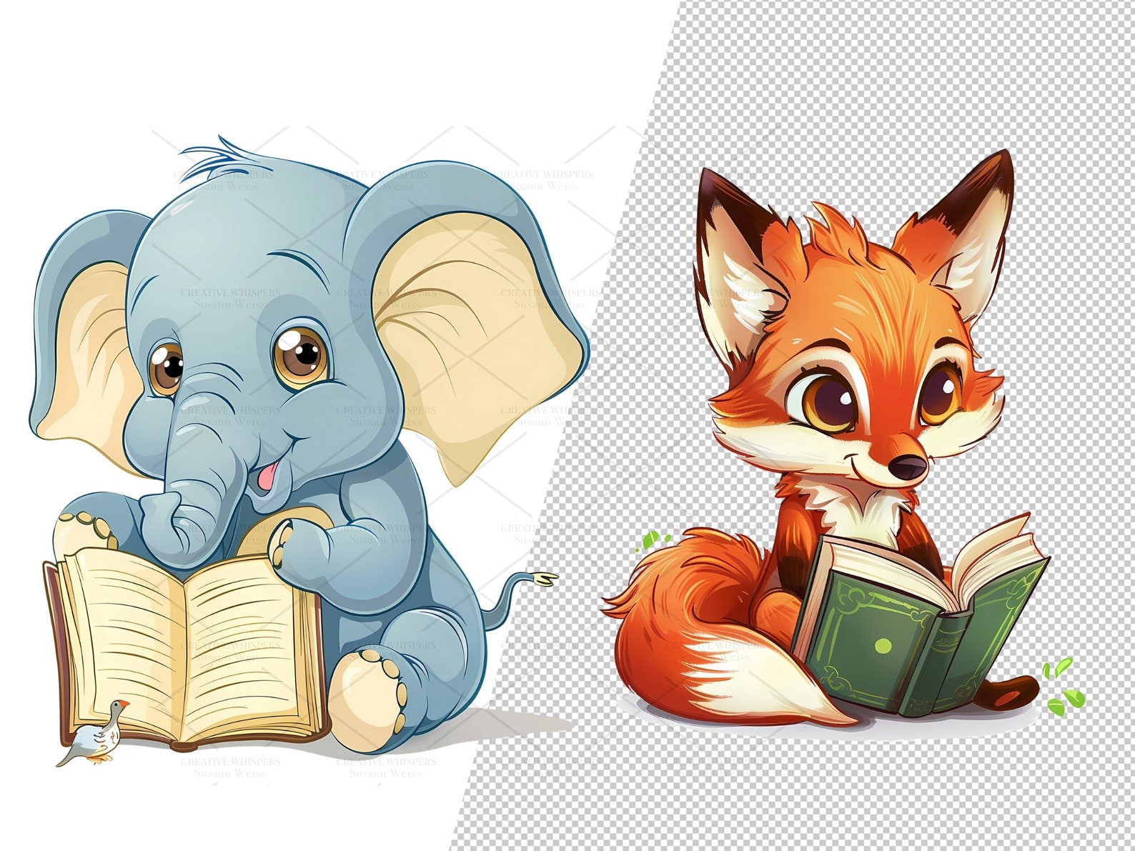 Cute Animal With Book Illustration Clipart Bundle 10 High Quality Pngs ...