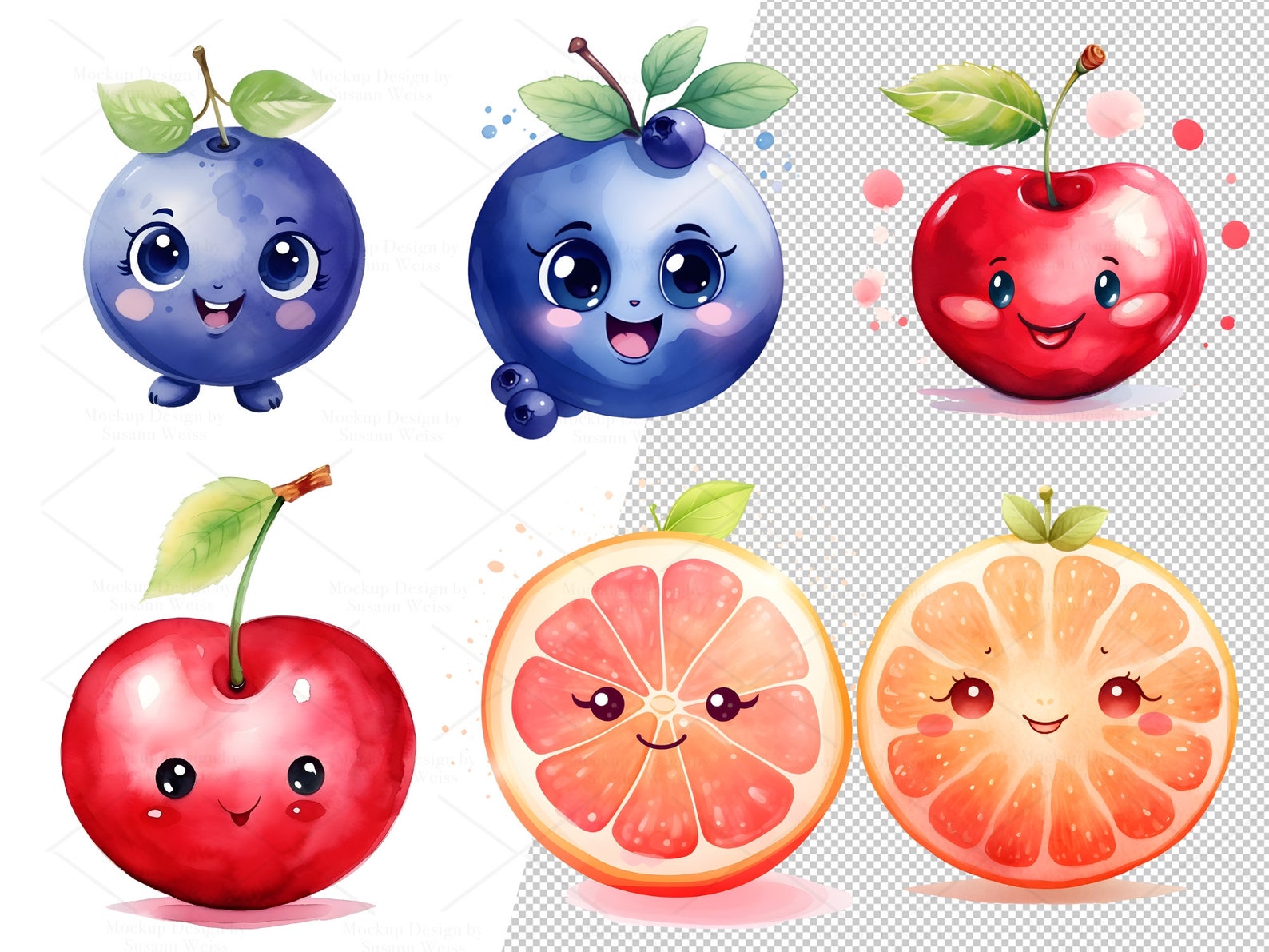 Digital Set of 30 Watercolor Cute Fruit PNG Sticker Clipart - Etsy