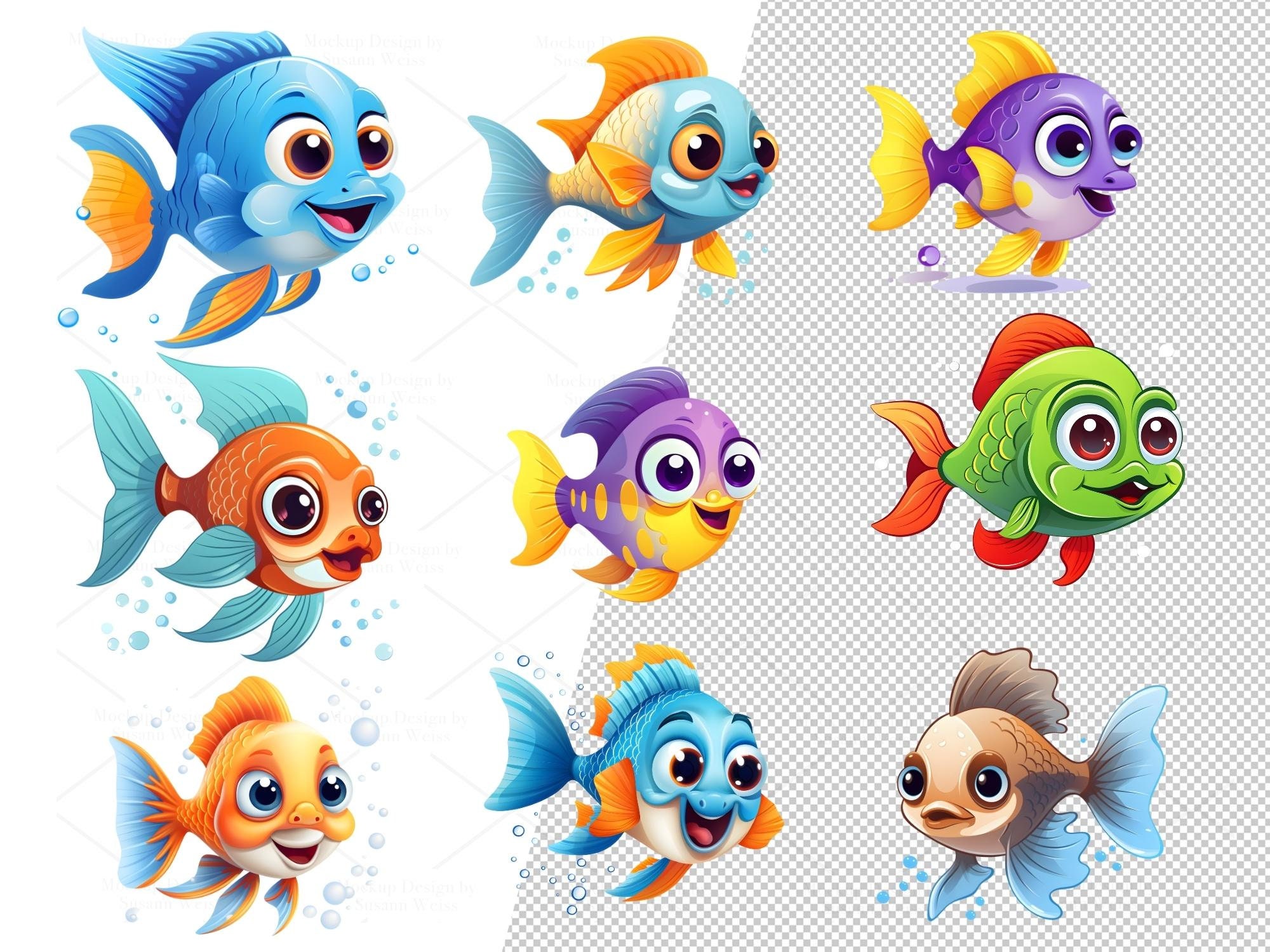 54 Digital Cute Fish Clip Art Set, Cute Fish Sticker, Fish Colorful PNG ...