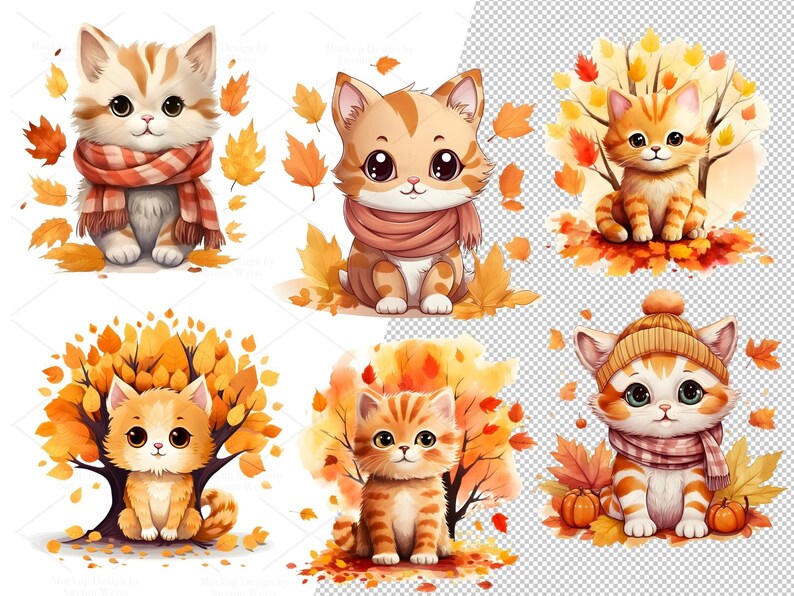 Watercolor Autumn Cat Clipart: 30 PNG Stickers, Sublimation Design - Etsy