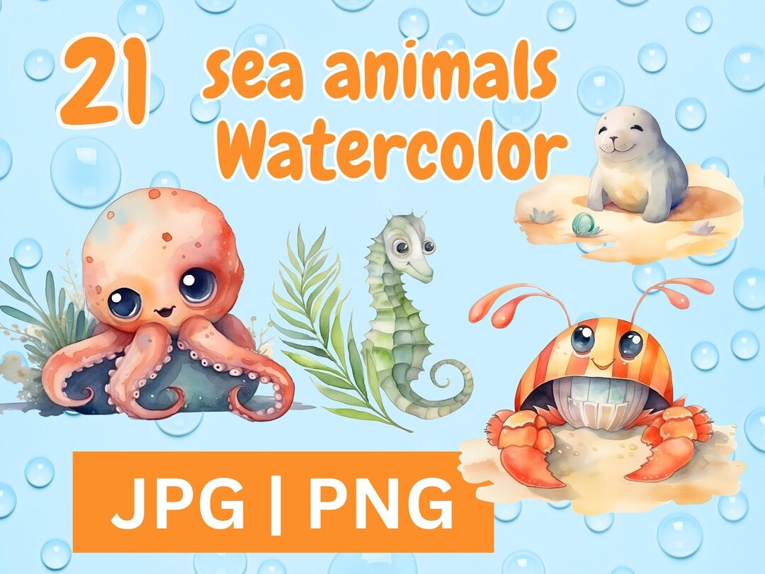 Sea Animal Watercolor Set - Underwater Creatures PNG - Ocean Life ...
