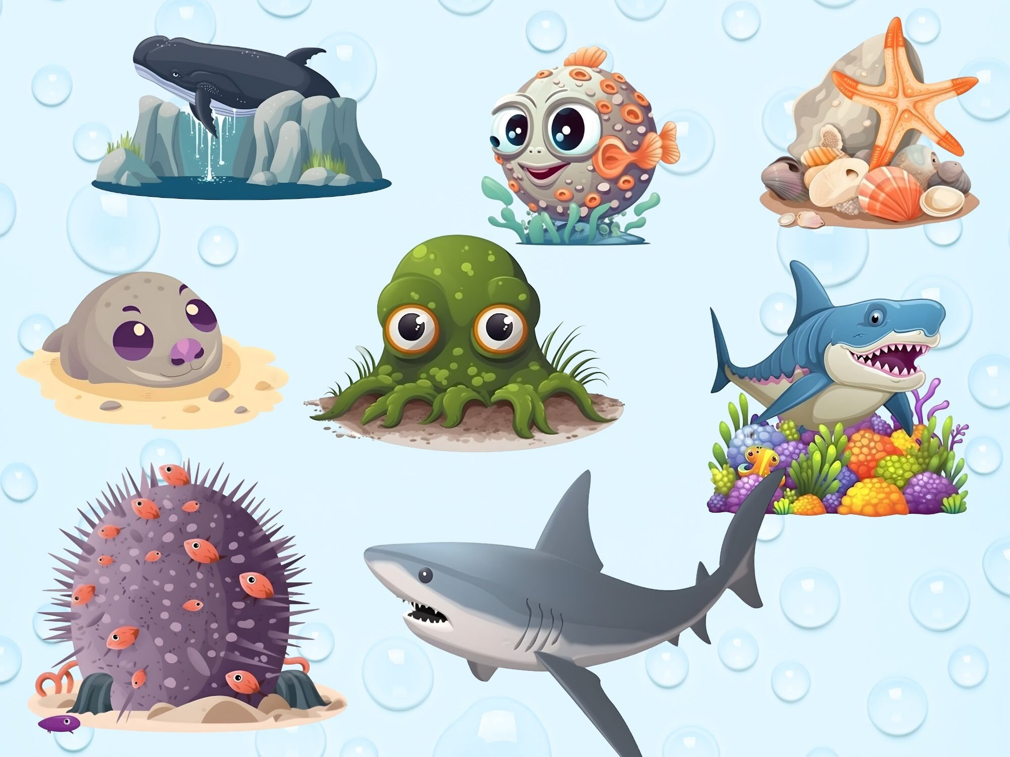 Sea Animal Clipart Set - Cute Underwater Creatures PNG - Ocean Life ...