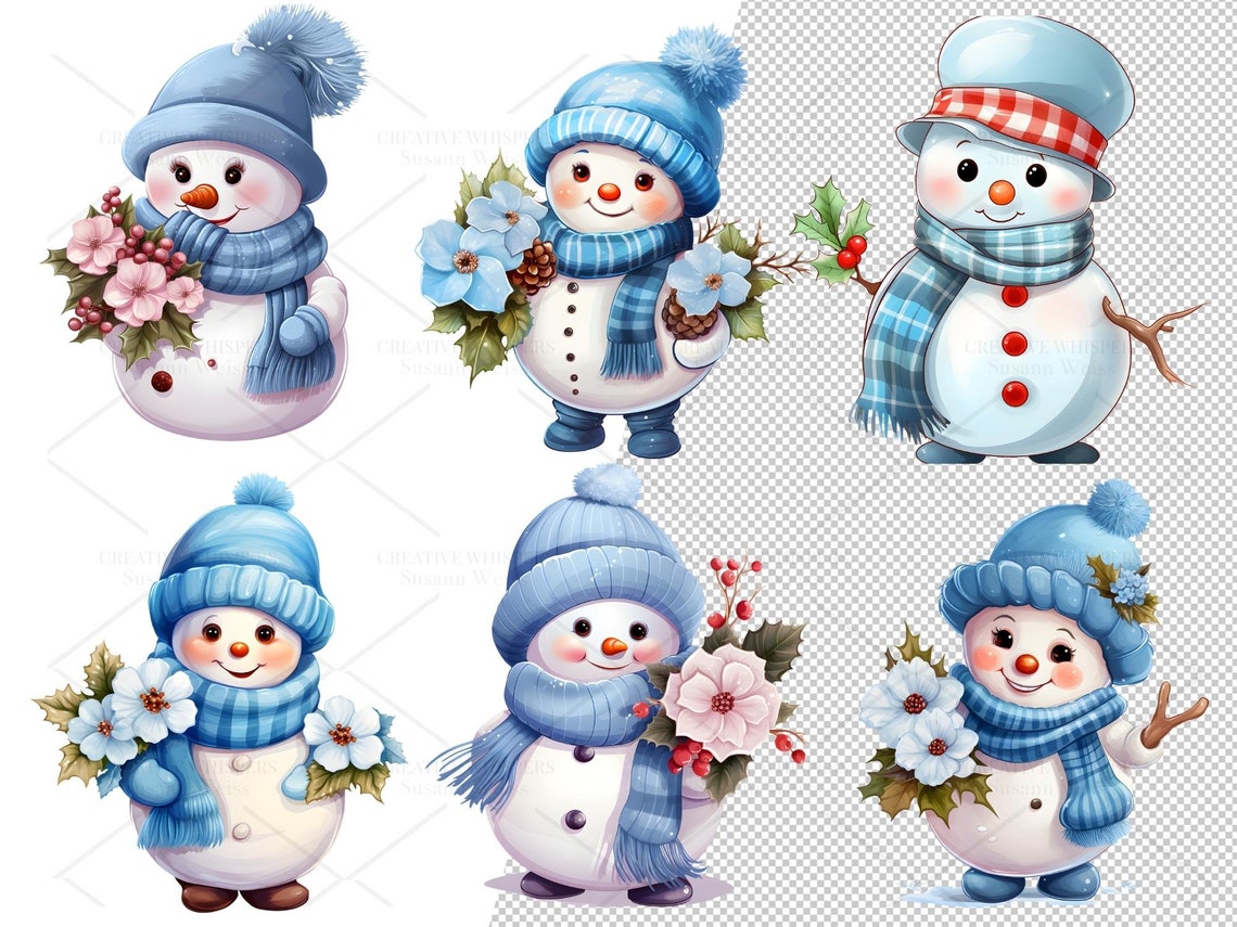 Digital Set of 24 Watercolor Cute Snowman PNG, Sticker Clipart Cute ...