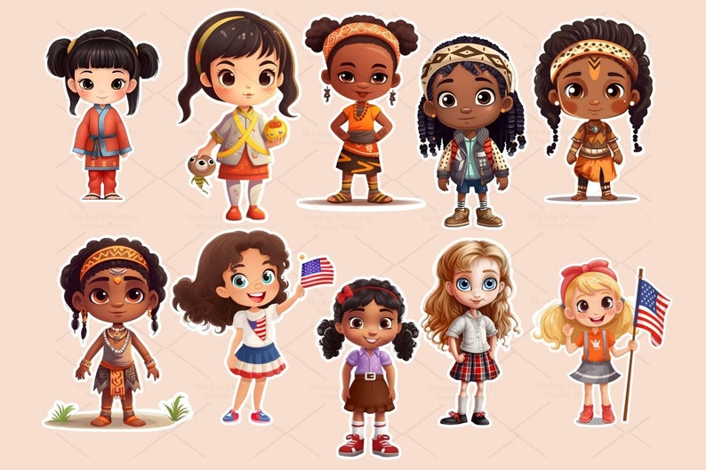 78 Cute Girl Stickers PNG – Multicultural Kids Clipart With Diverse ...