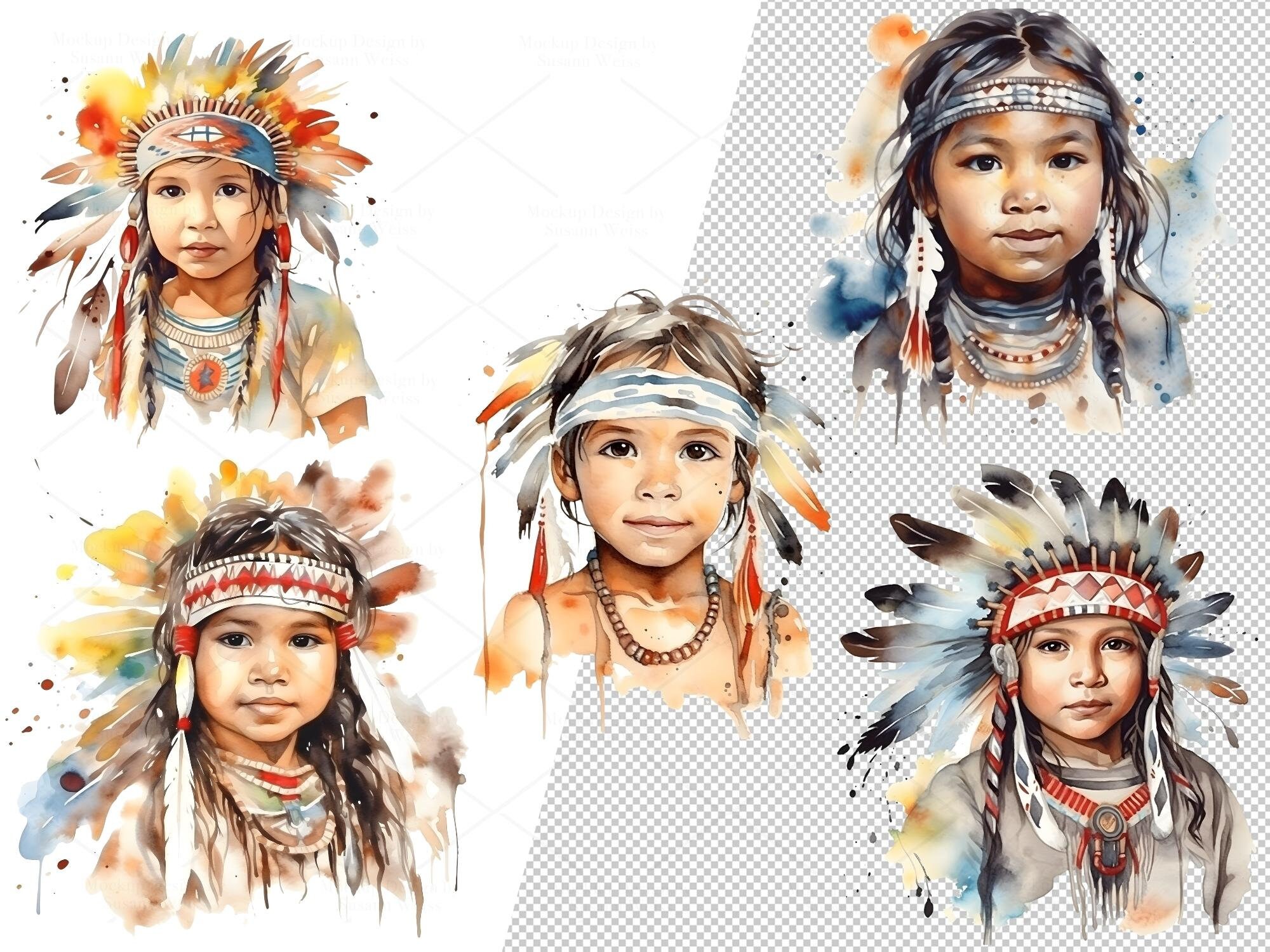 Digital Set of 32 Watercolor Cute Native American PNG, Sticker Clipart ...