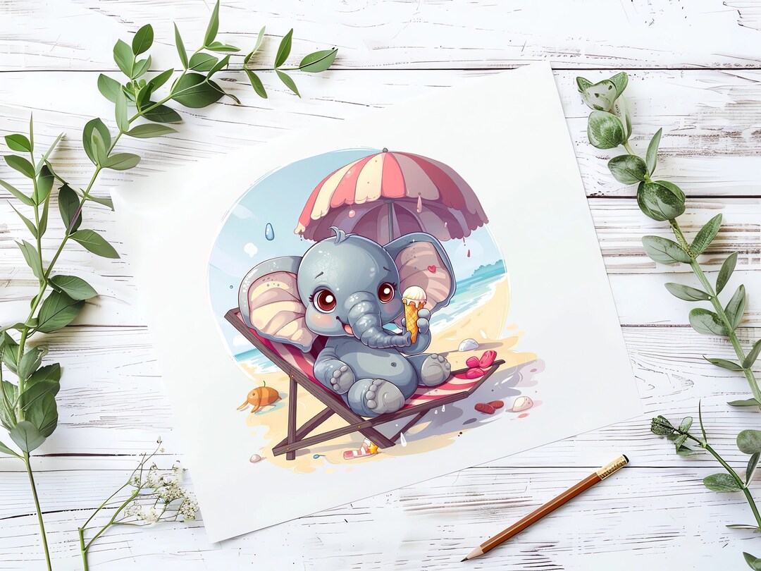 Cute Elephant on the Beach Watercolor Clipart Bundle 10 High Quality ...
