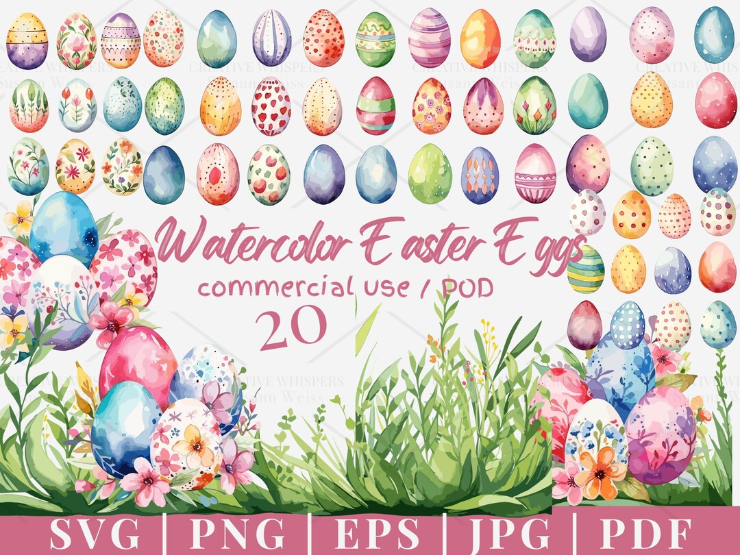 20 Watercolor Easter Eggs Clipart PNG SVG, Hand Painted Spring Egg ...