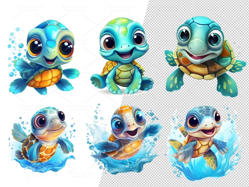 24 Digital Cute Sea Turtle Clip Art Set, Cute Sea Turtle Sticker, Cute ...