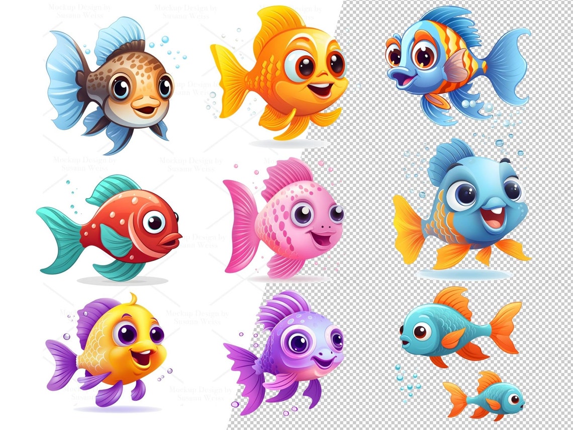 54 Digital Cute Fish Clip Art Set, Cute Fish Sticker, Fish Colorful PNG ...