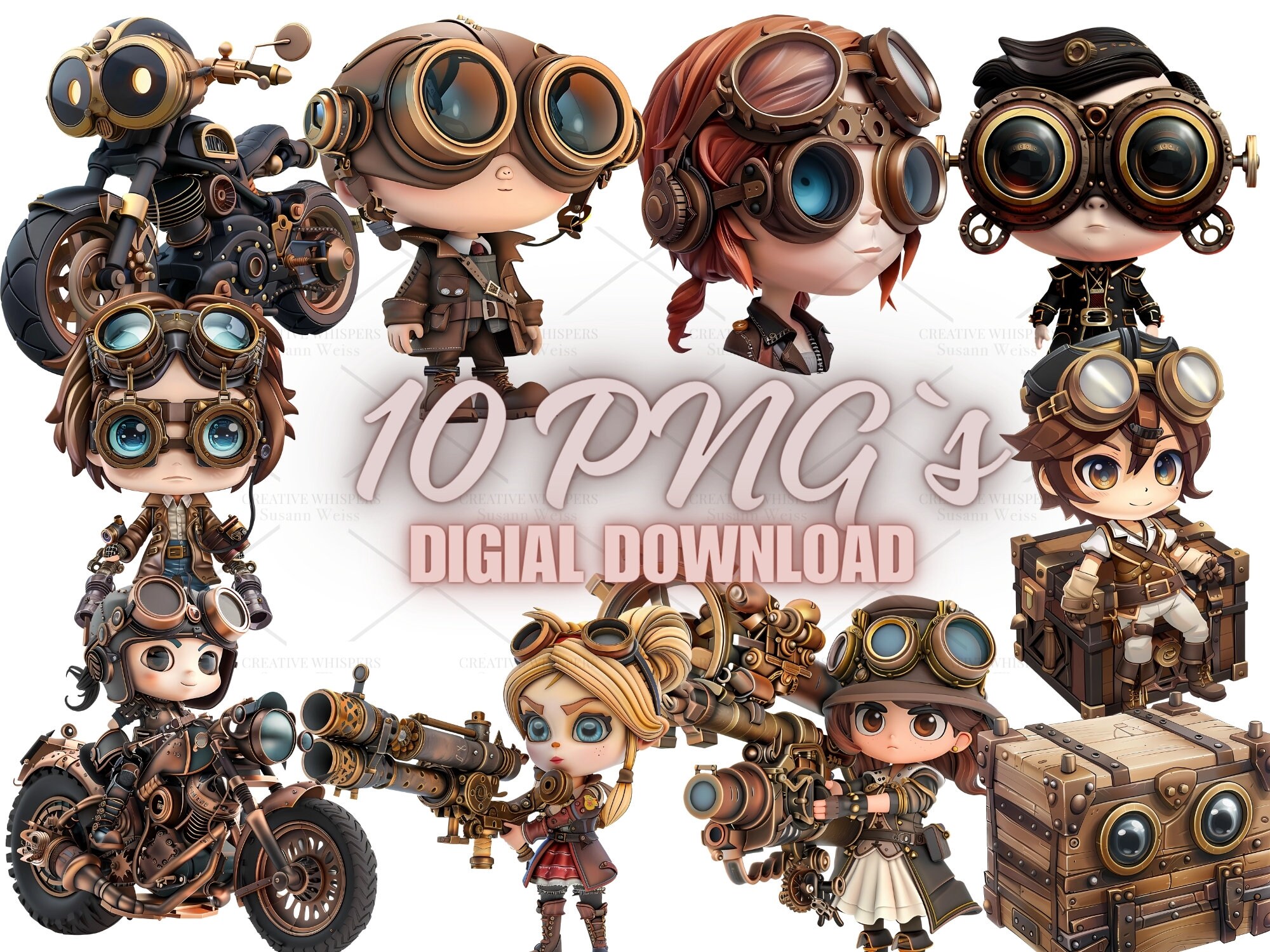 Steampunk Cartoon Illustration Clipart Sticker Bundle- 10 High Quality ...