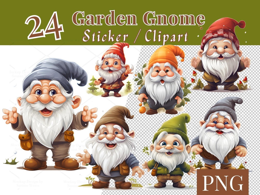 24 Digital Cute Garden Gnome Clip Art Set, Cute Garden Gnome Sticker ...