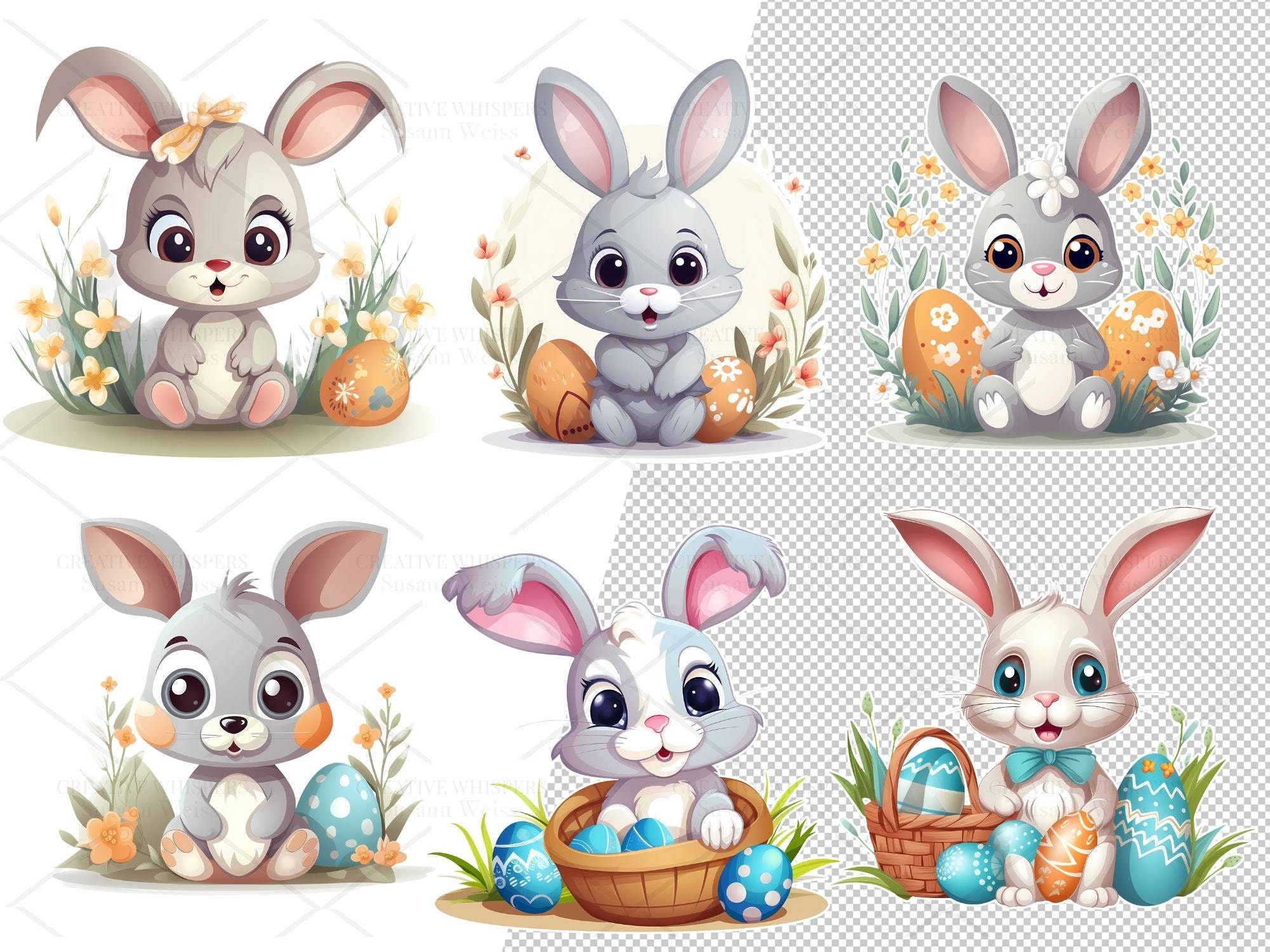 24 Digital Cute Easter Bunny Clip Art Set, Cute Easter Bunny Sticker ...
