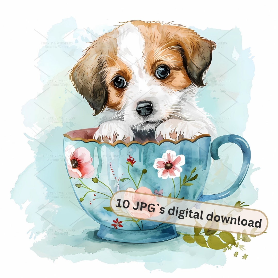 Cute Puppy in a Cup Clipart Bundle- 10 High Quality, Jpgs-, Journaling ...