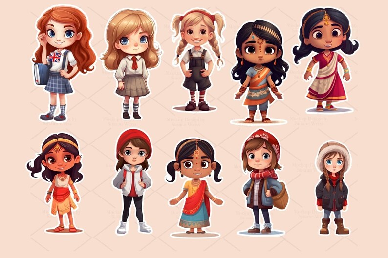 78 Cute Girl Stickers PNG – Multicultural Kids Clipart With Diverse ...
