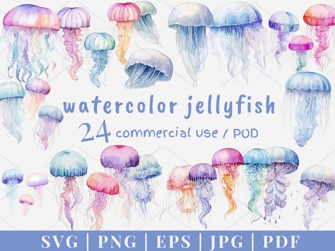 24 Watercolor Jellyfish Clipart Bundle for POD Commercial Use | Pastel ...