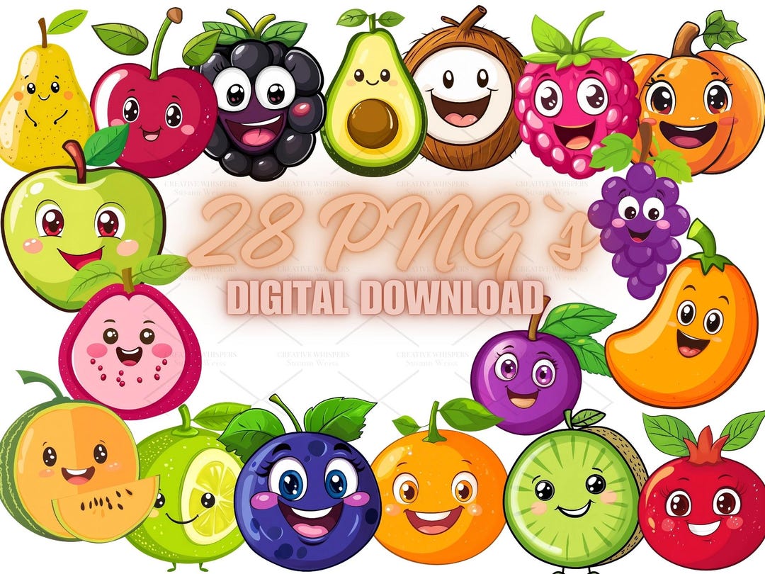 Cute Funny Fruits Cartoon Sticker, Clipart Bundle- 28 High Quality Pngs ...