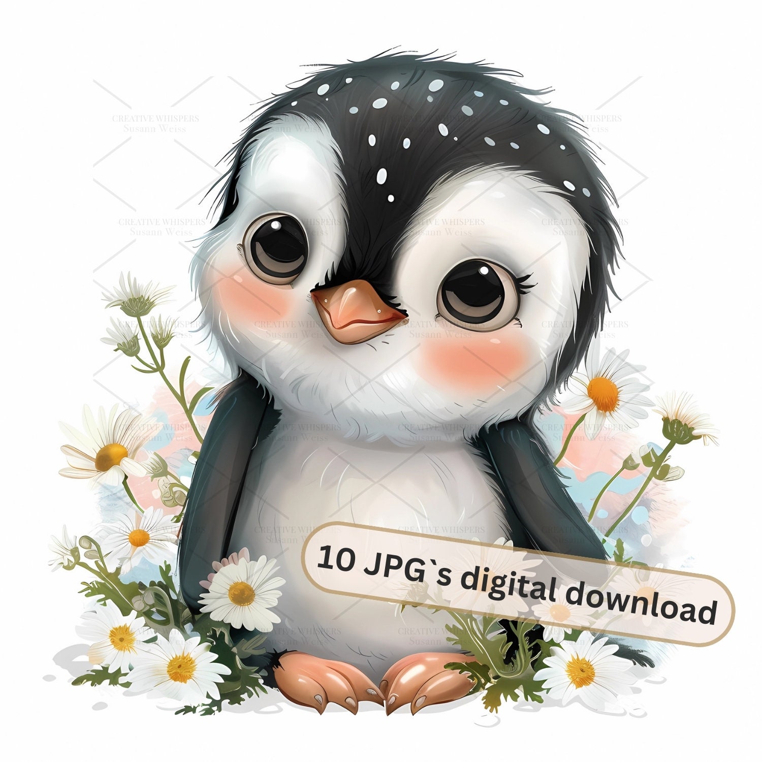 Cute Penguin With Flowers Watercolor Clipart Bundle- 10 High Quality ...