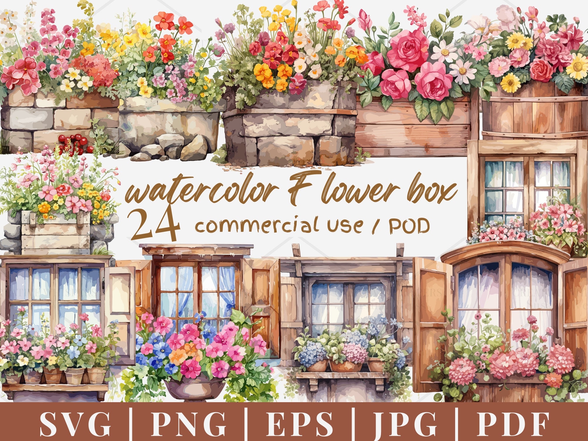 24 Watercolor Vintage Flower Box SVG, PNG, Window With Flower Box ...