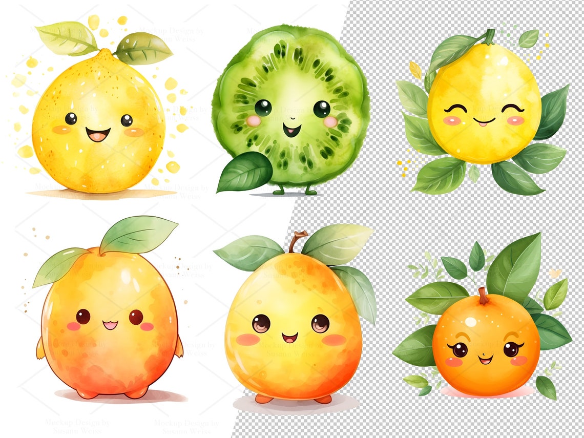 Digital Set of 30 Watercolor Cute Fruit PNG Sticker Clipart - Etsy