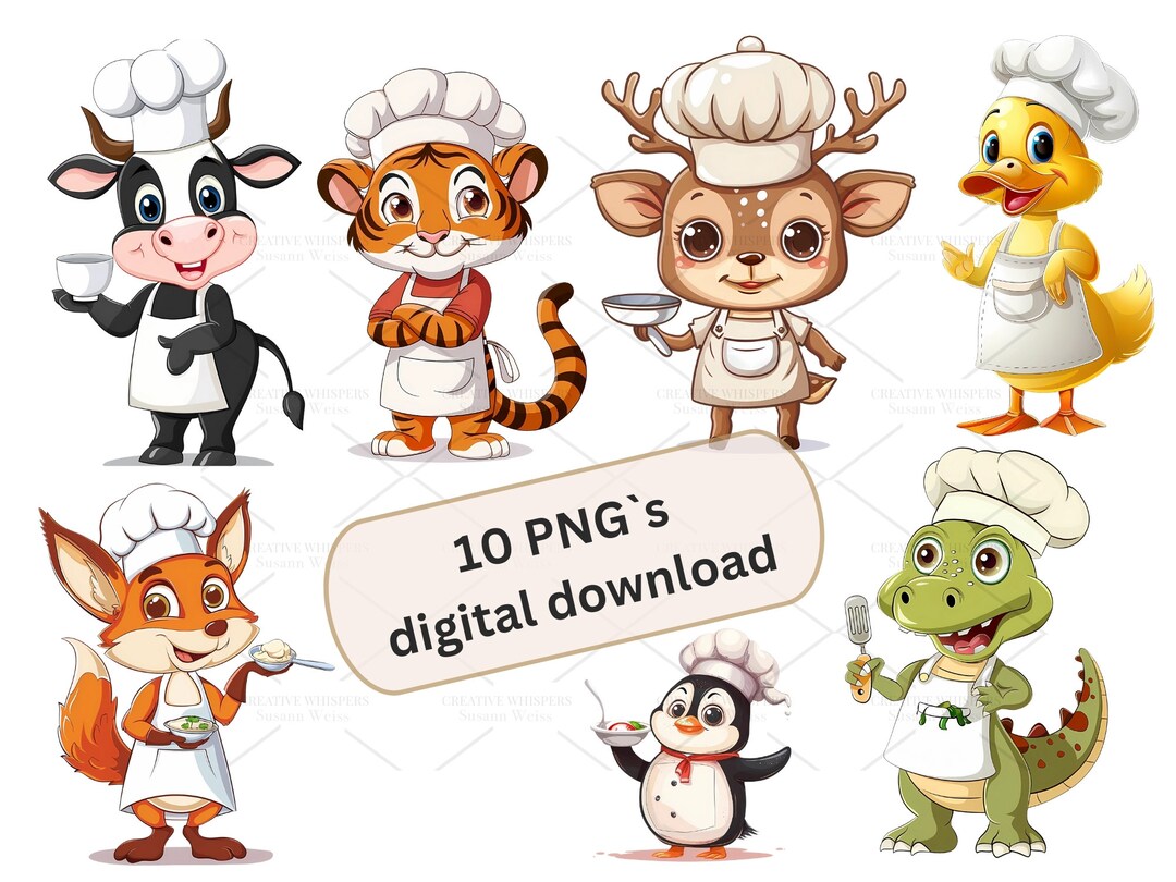 Cute Animal Cook Illustration Clipart Bundle- 10 High Quality Pngs ...