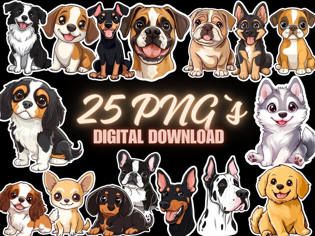 25 Cute Dog Kawaii Sticker, Clipart Bundle- High Quality Pngs ...