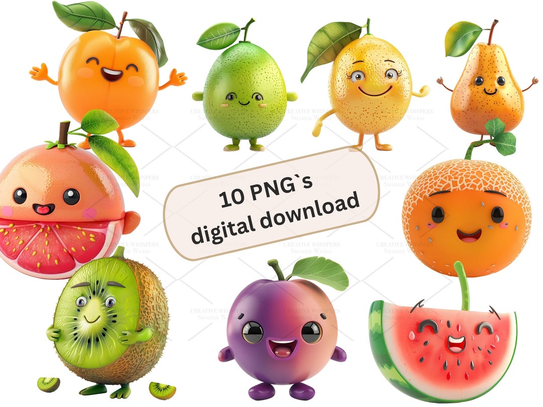 Cute Funny Fruits Cartoon Sticker Clipart Bundle- 10 High Quality Pngs ...