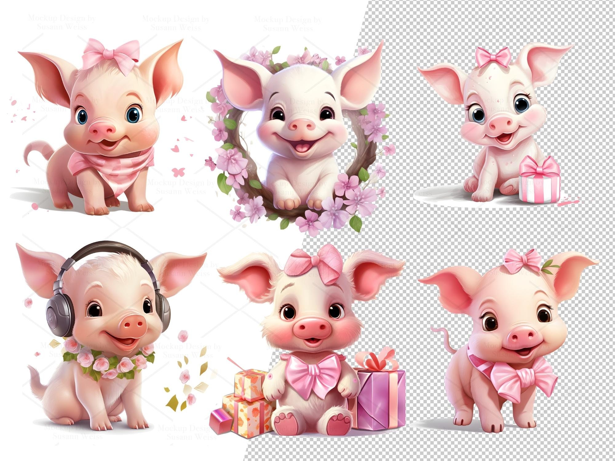 24 Digital Cute Pig Clip Art Set, Cute Pig Sticker, Colorful PNG for ...