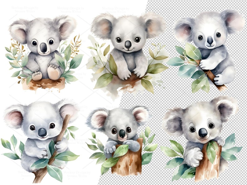 Digital Set of 24 Watercolor Cute Koala PNG, Sticker Clipart Cute Koala ...