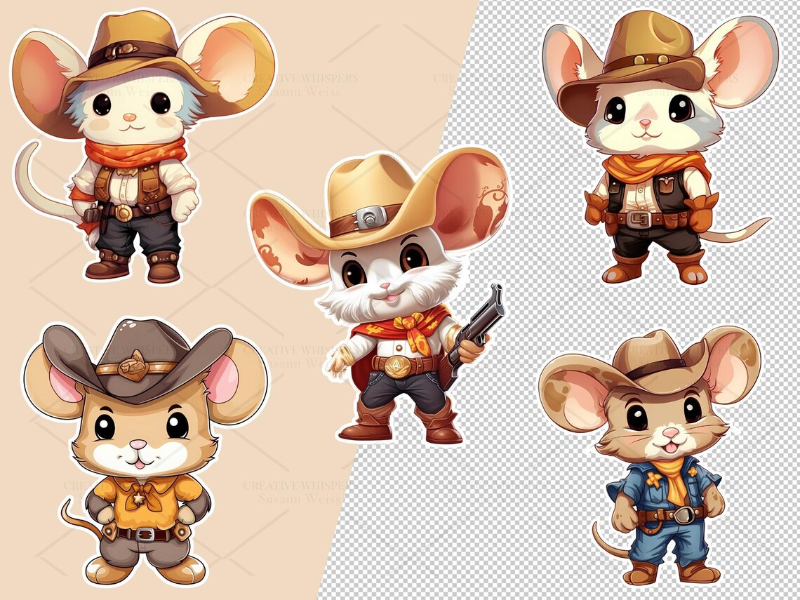 21 Digital Cute Cowboy Mouse Clip Art Set, Cute Cowboy Mouse Sticker ...
