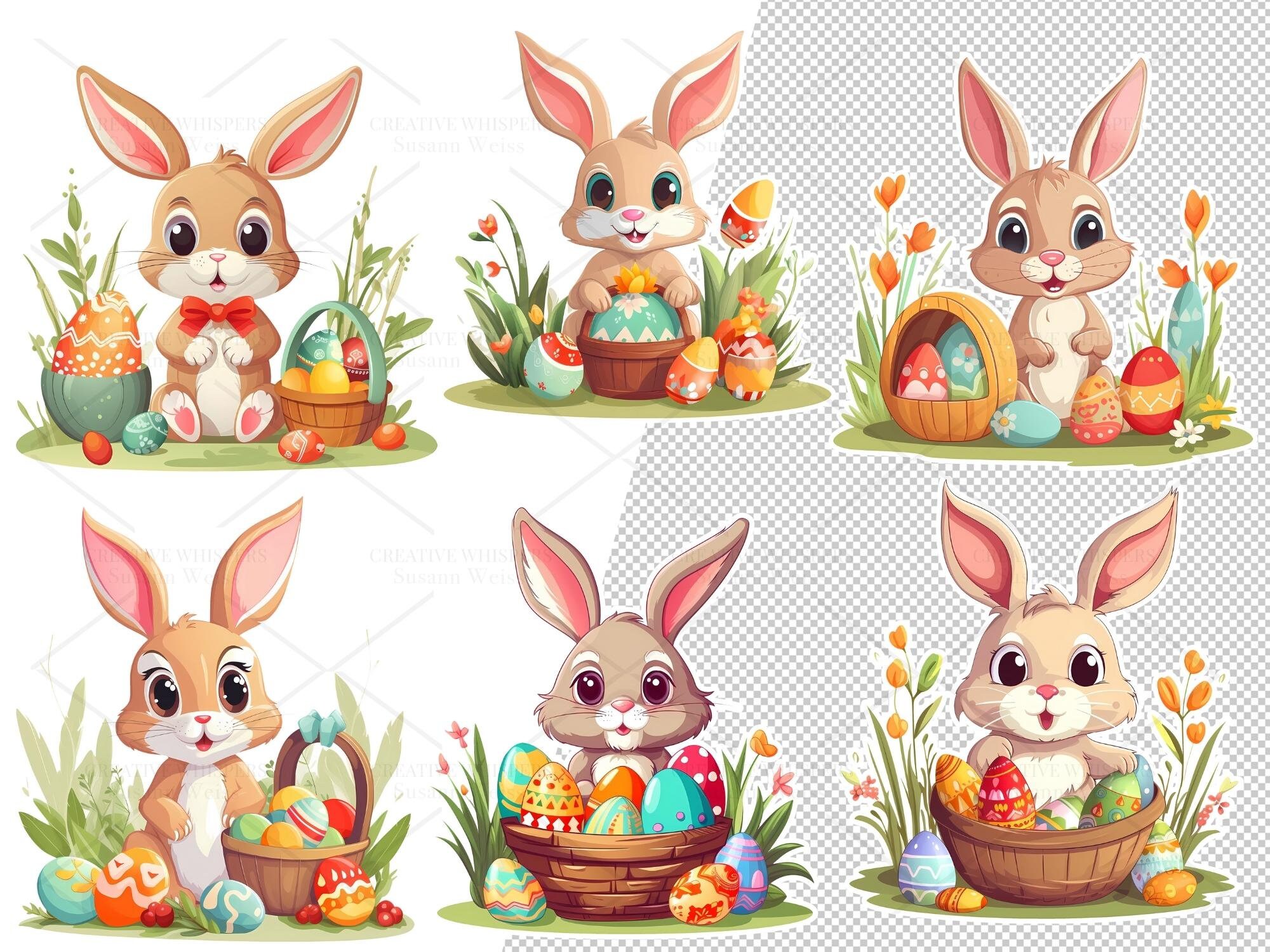 24 Digital Cute Easter Bunny Clip Art Set, Cute Easter Bunny Sticker ...
