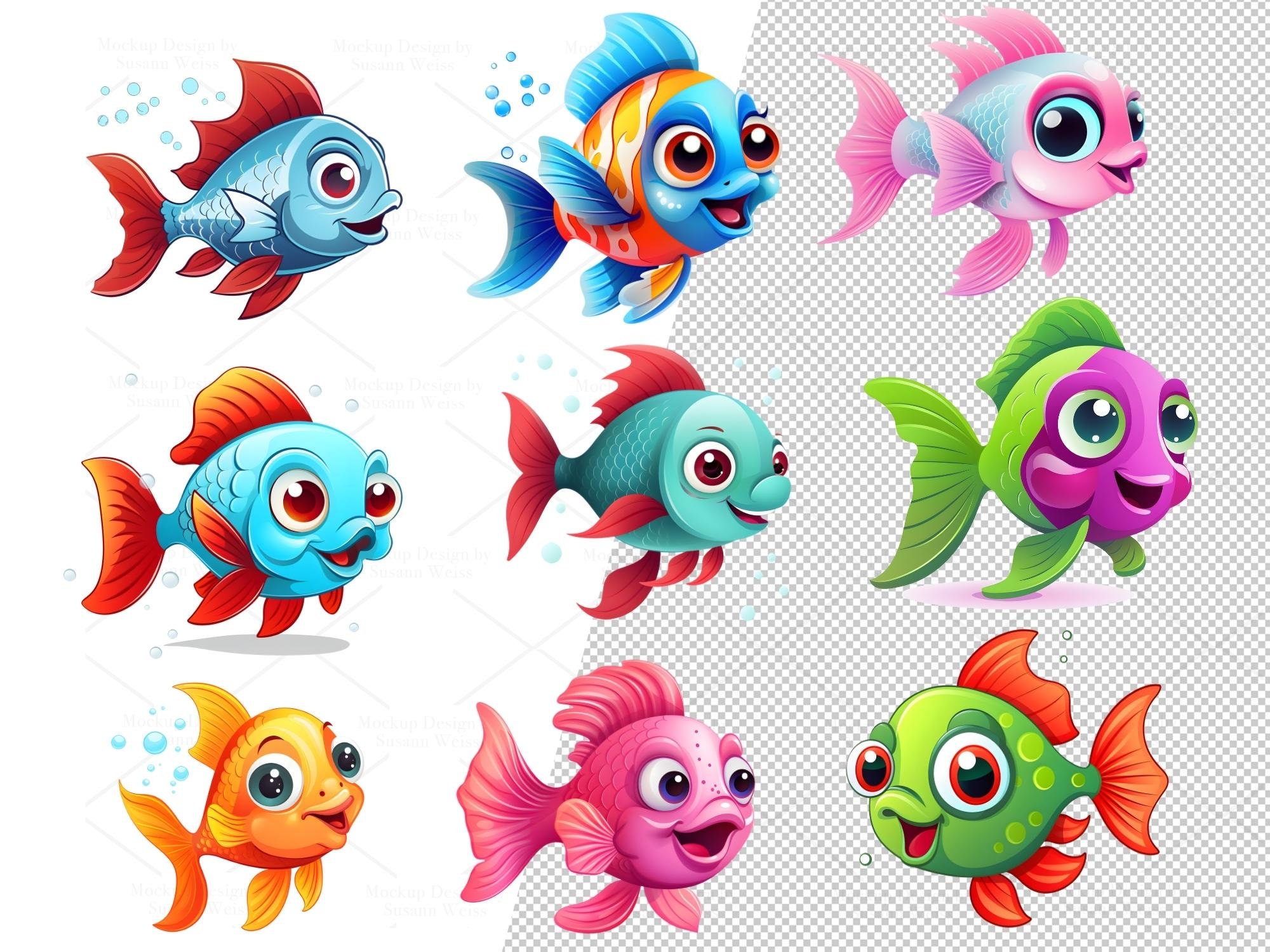 54 Digital Cute Fish Clip Art Set, Cute Fish Sticker, Fish Colorful PNG ...