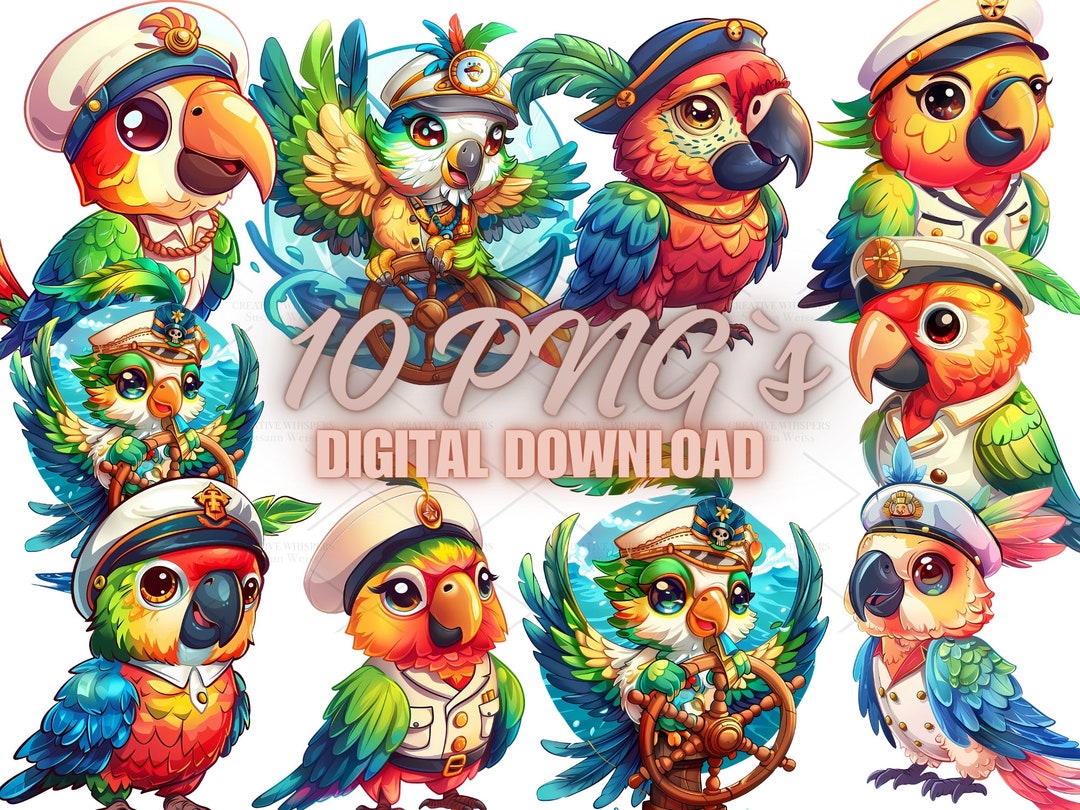 Cute Parrot Captain Sticker, Clipart Bundle- 10 High Quality Pngs ...