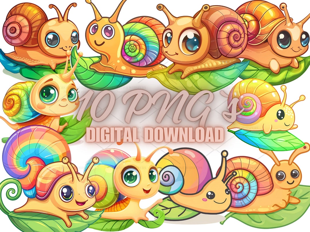 Cute Snail on Leaf, Illustration Clipart Bundle- 10 High Quality Pngs ...