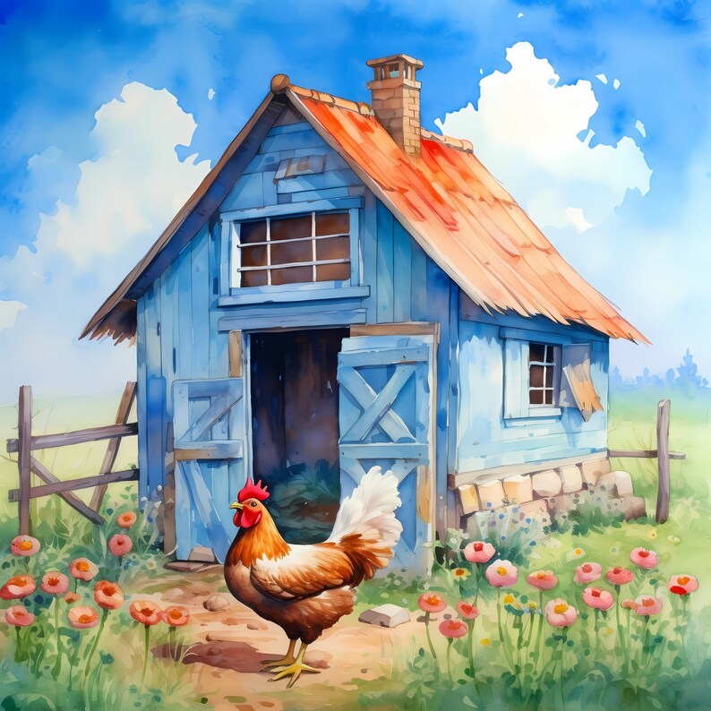 Hen House Chicken Coop Clipart Bundle 10 High Quality Watercolor Jpgs ...