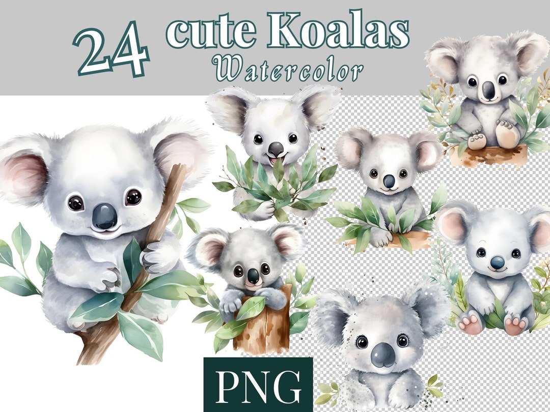 Digital Set of 24 Watercolor Cute Koala PNG, Sticker Clipart Cute Koala ...