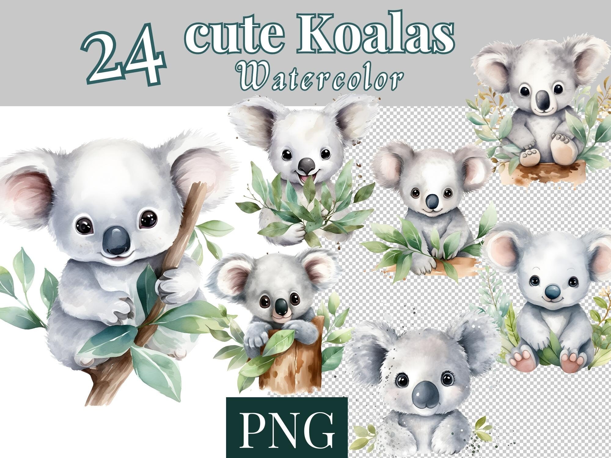 Digital Set of 24 Watercolor Cute Koala PNG, Sticker Clipart Cute Koala ...