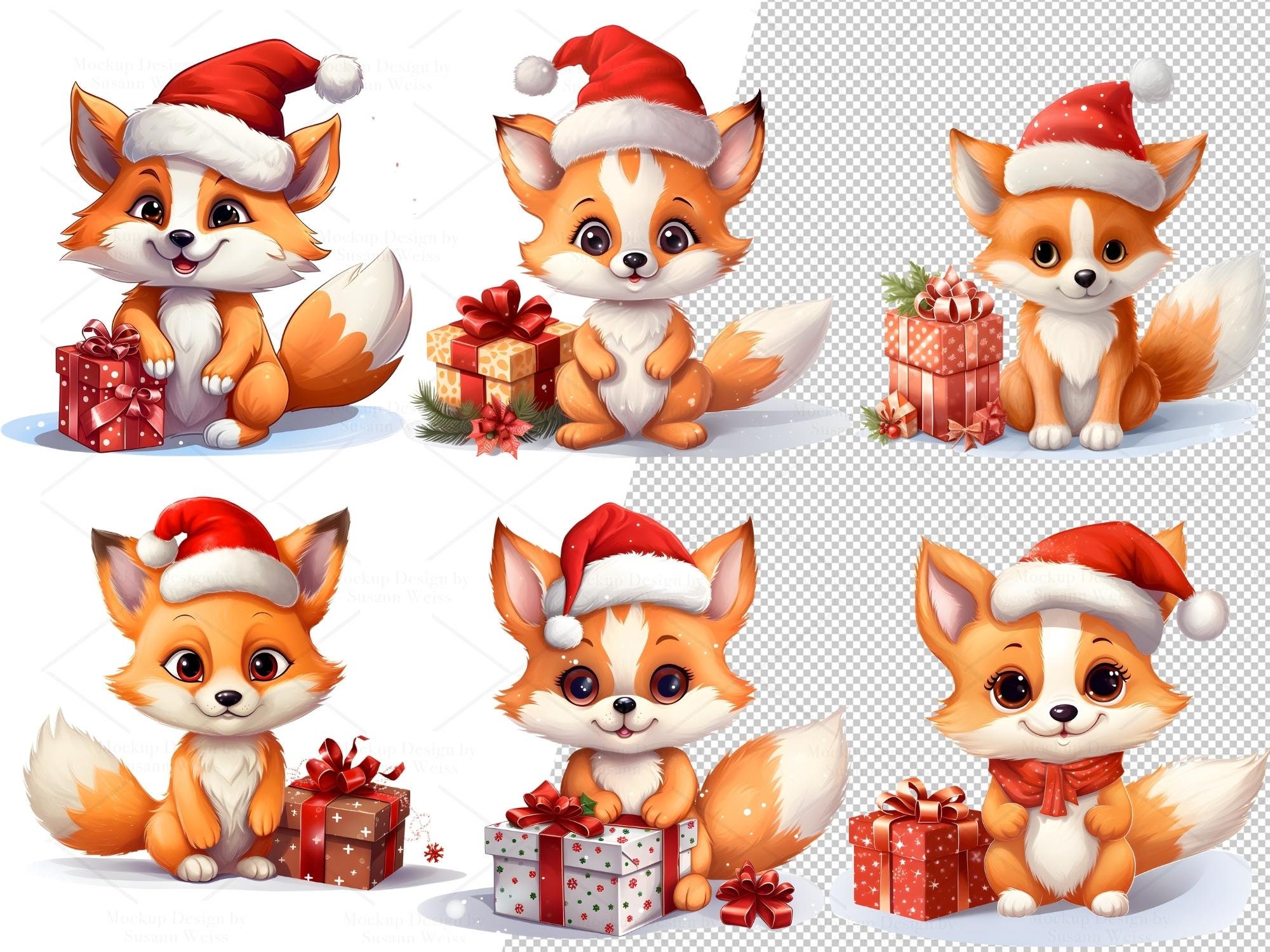 30 Digital Cute Christmas Fox Clip Art Set, Cute Christmas Fox Sticker ...