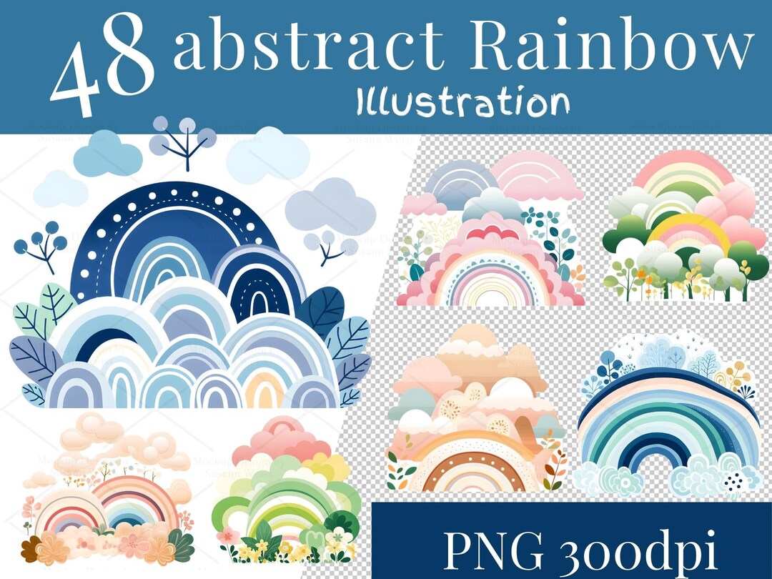 48 Abstract Rainbow PNG | Watercolor Boho Rainbow Clipart Bundle | High ...