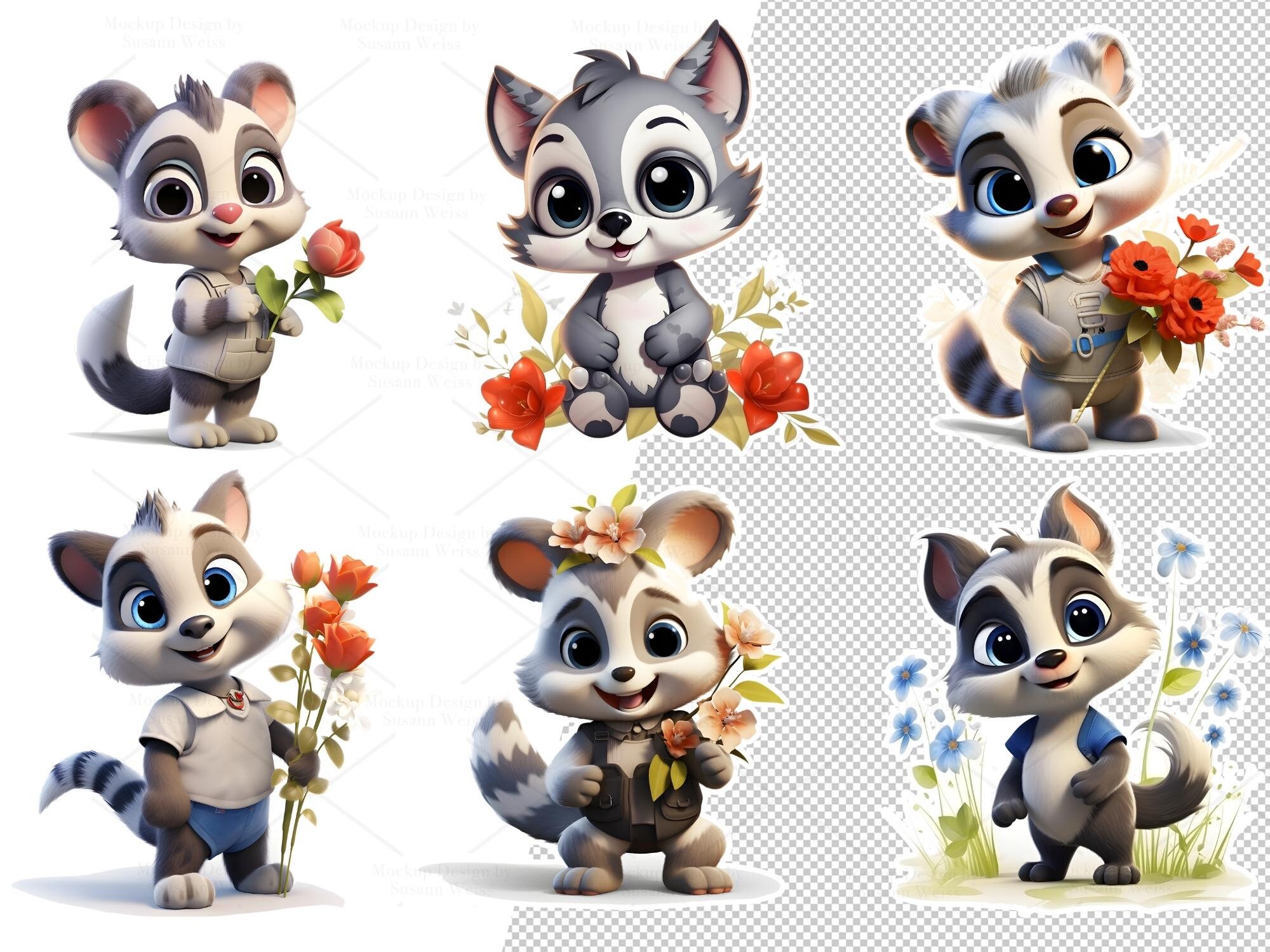 30 Digital Cute Raccoon Clip Art Set, Cute Raccoon Sticker, Sublimation ...