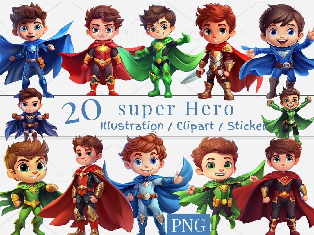 20 Digital Super Hero Clip Art Set, Super Hero Sticker, Sublimation ...