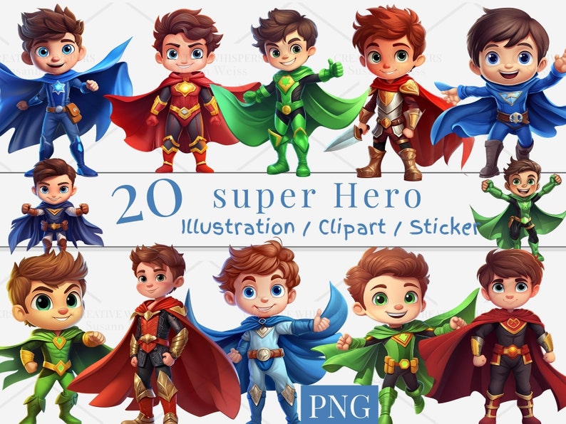 20 Digital Super Hero Clip Art Set, Super Hero Sticker, Sublimation ...