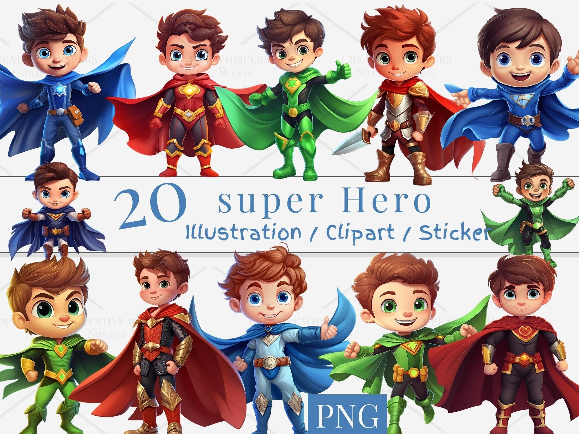 20 Digital Super Hero Clip Art Set, Super Hero Sticker, Sublimation ...