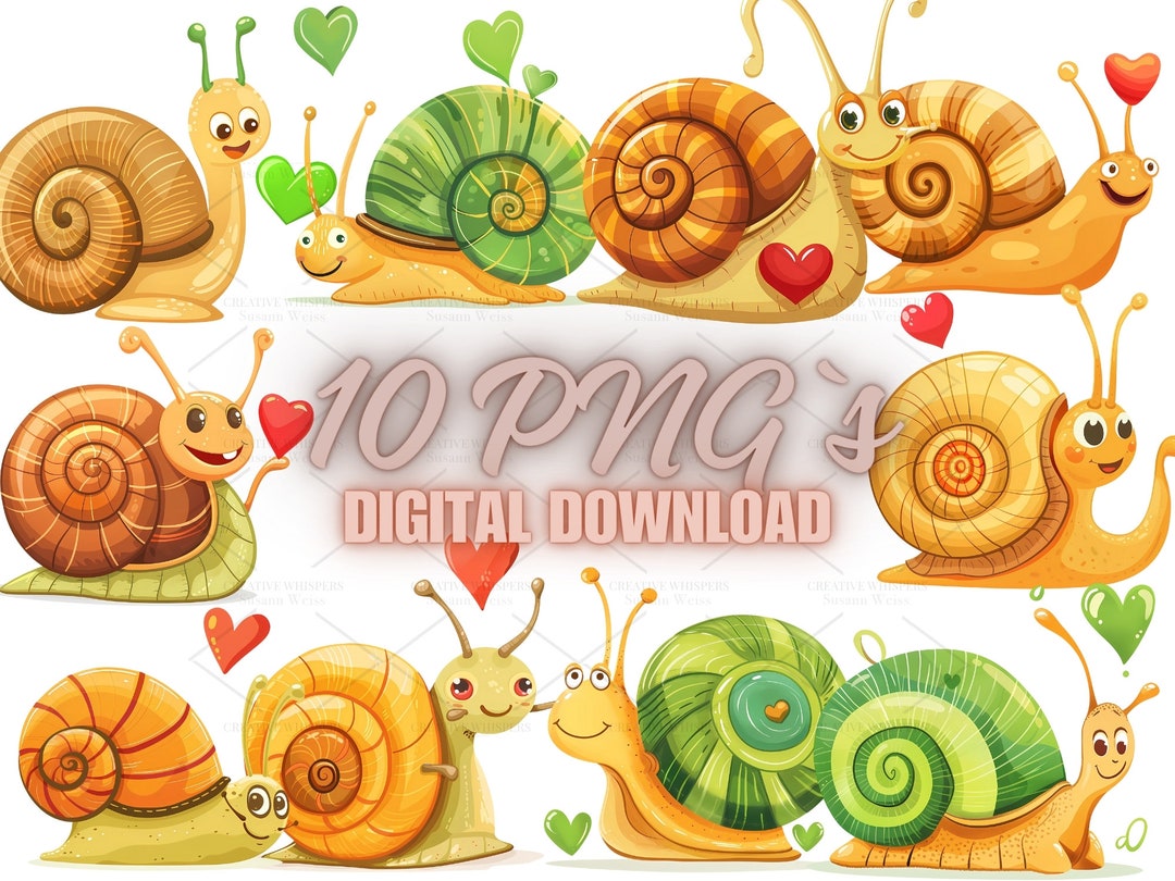 Cute Snail With Heart, Cartoon Clipart Illustration Bundle- 10 High ...