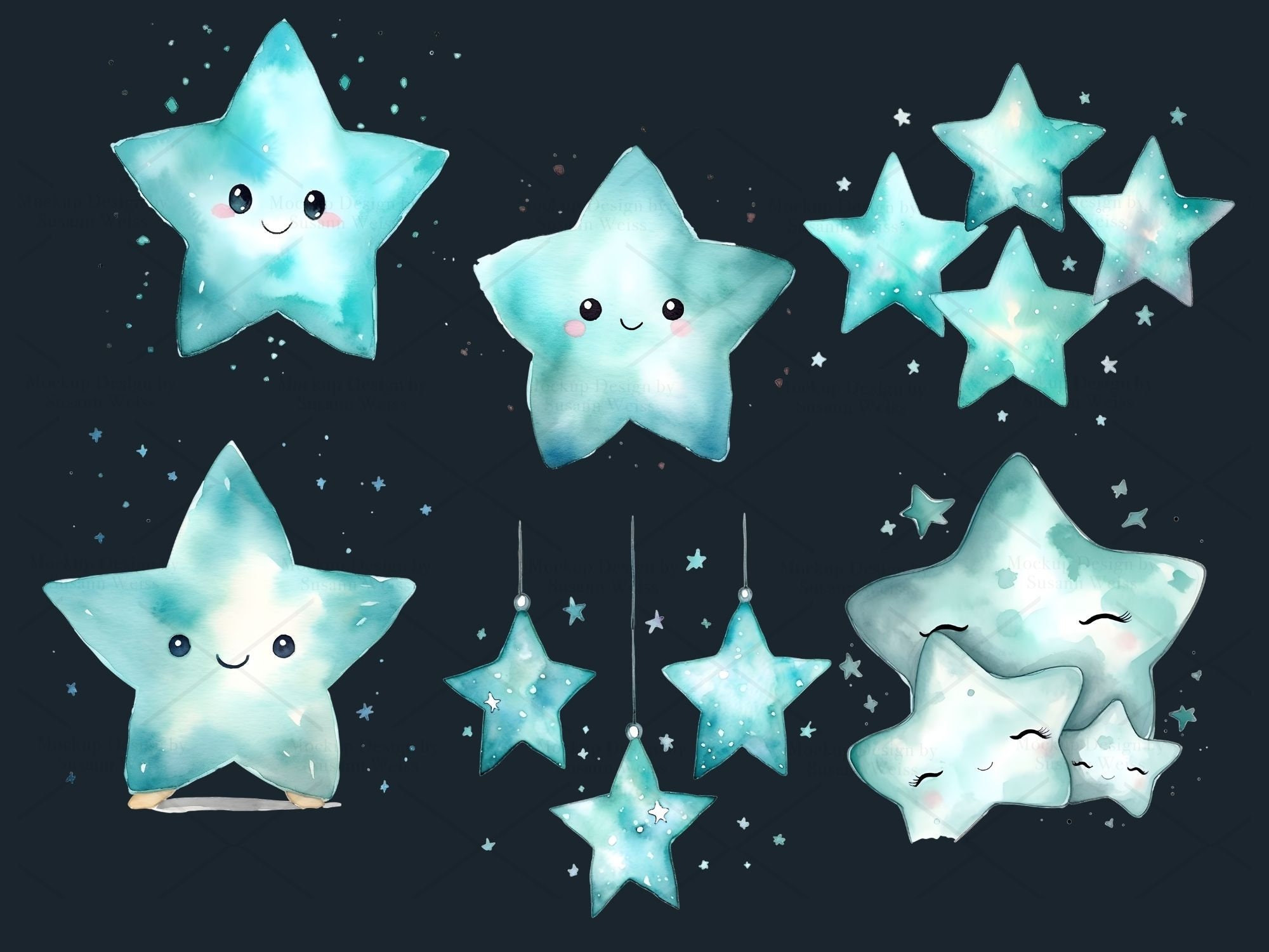 Digital Set of 62 Cute Star PNG, Watercolor Star, Cute Star, Watercolor ...