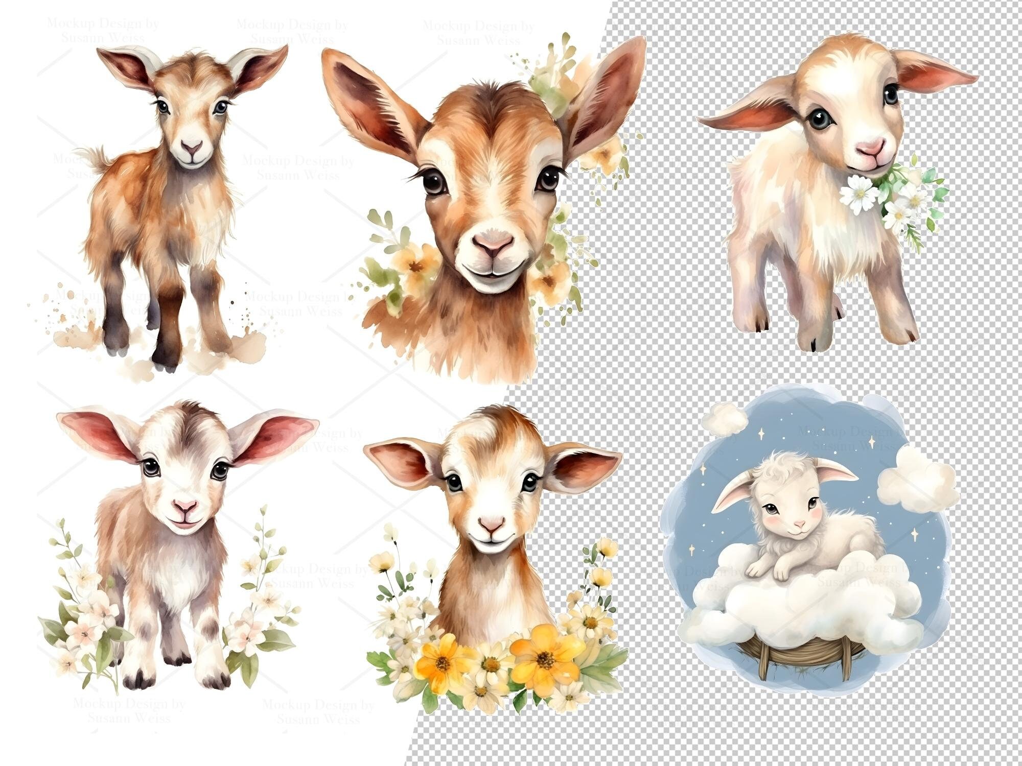 Watercolor Baby Goat Clipart: Farm Animal Nursery Art (digital Download ...