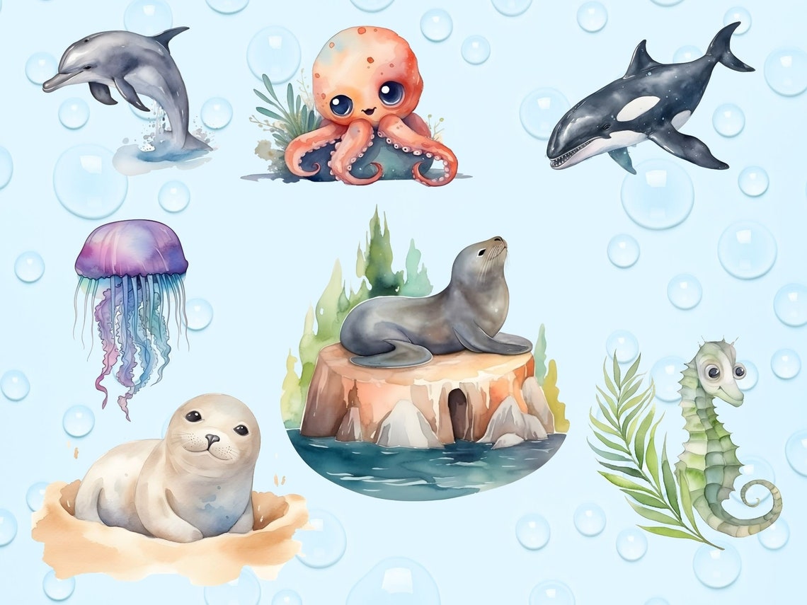 Sea Animal Watercolor Set Underwater Creatures PNG Ocean - Etsy