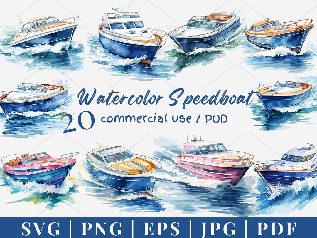 20 Watercolor Speedboat, Vehicle, SVG, PNG, Commercial Use, Clipart ...
